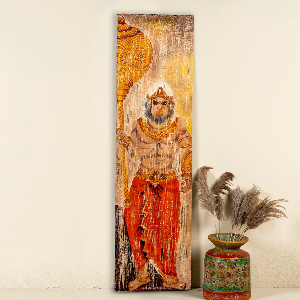 Jali - Hand painted Teak Wood Vintage Wall Panel Hanuman 195cm – Om ...