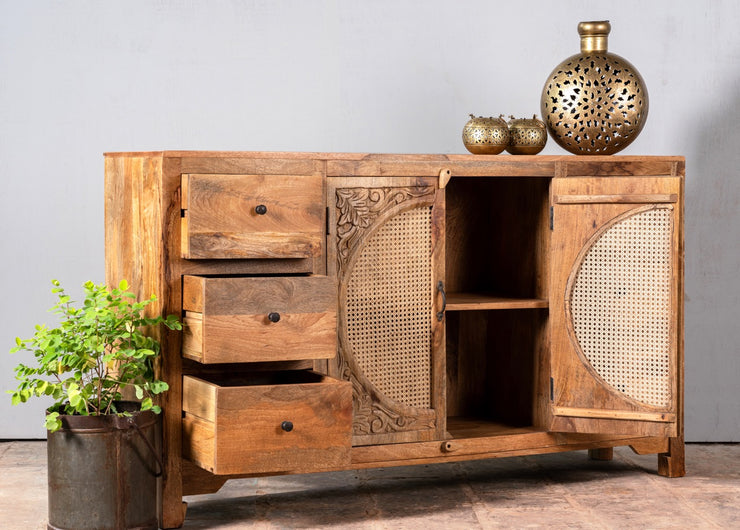 Handcrafted indian wooden sideboard with rattan inserts – Om Home & Garden